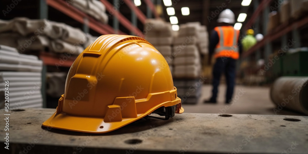 A yellow safety helmet or hardhat, construction worker PPE, is placed ...