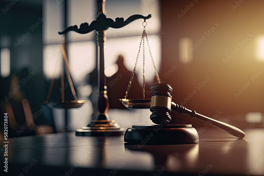 Scales Gavel legal justice court system symbols with dark lights. Generative AI Stock ...