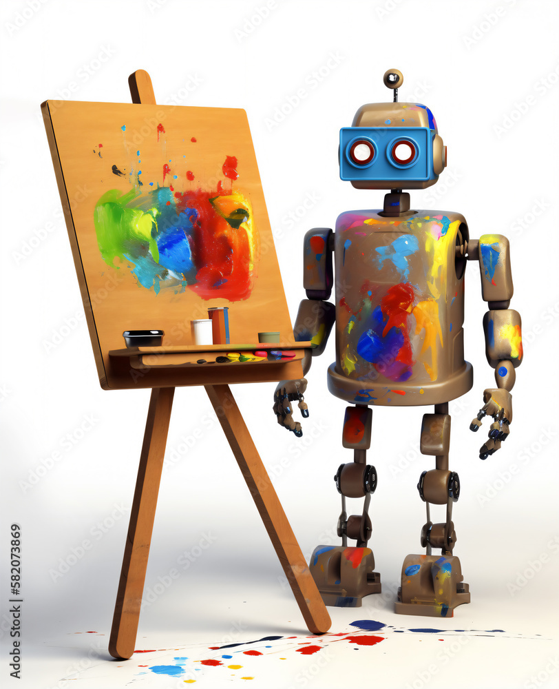 An AI robot artist stands in front of a messy painting on an easel. The ...