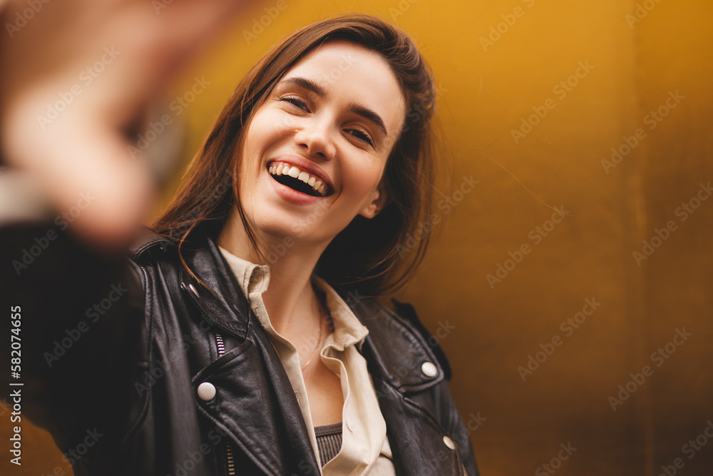 Beautiful smiling model in casual clothes. Sexy carefree female posing ...