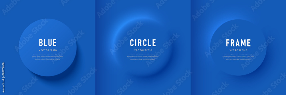 Poster Set of 3D round circles frame on blue background with light and ...