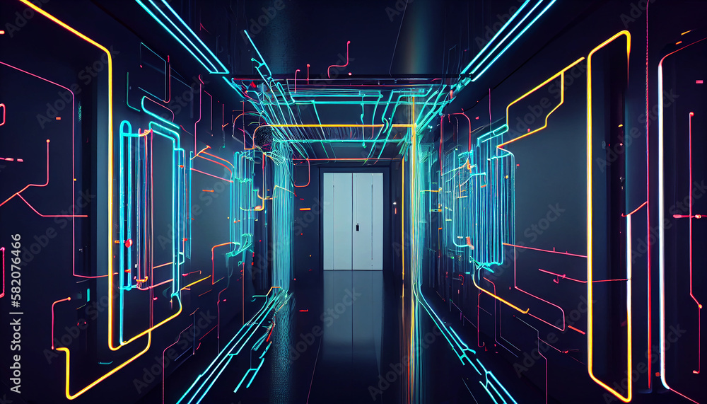 high-tech cyberpunk Abstract futuristic tunnel technological space with network, huge data ...