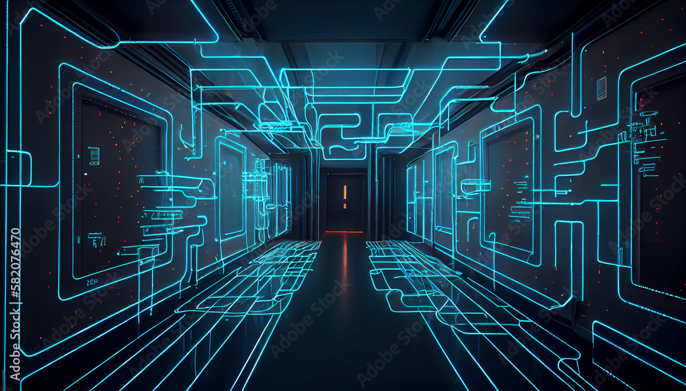 high-tech cyberpunk Abstract futuristic tunnel technological space with network, huge data ...