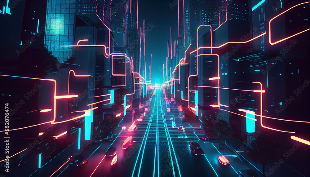 night city illuminated with neon glowing lights concept. Futuristic ...