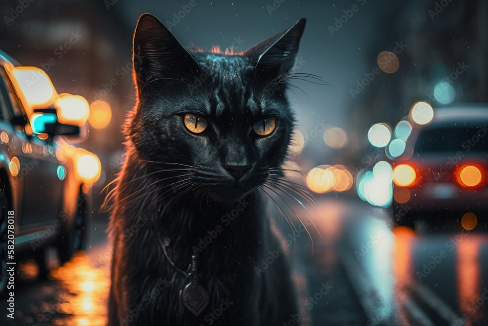 Beautiful black cat walking down the street at night. Black pet animal ...