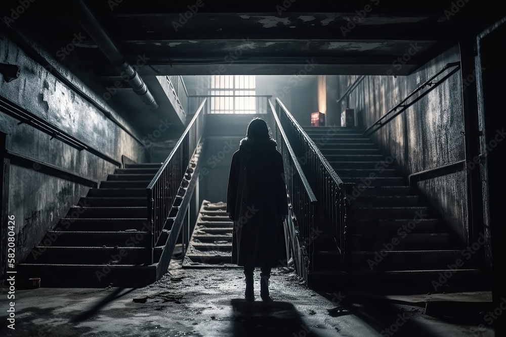 An abandoned house in the woods has a gloomy, terrifying window with ghostly light and shadows ...