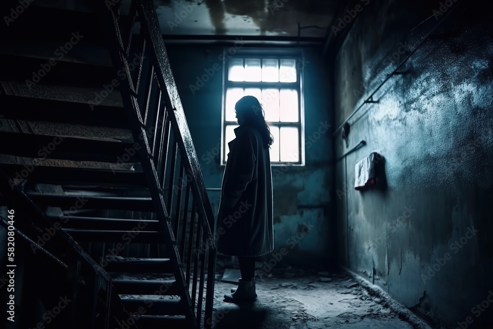 An abandoned house in the woods has a gloomy, terrifying window with ghostly light and shadows ...
