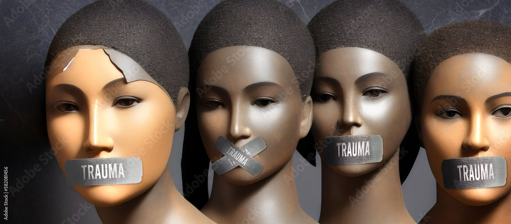 Trauma and silenced women of color. Women statues with taped lips as a ...