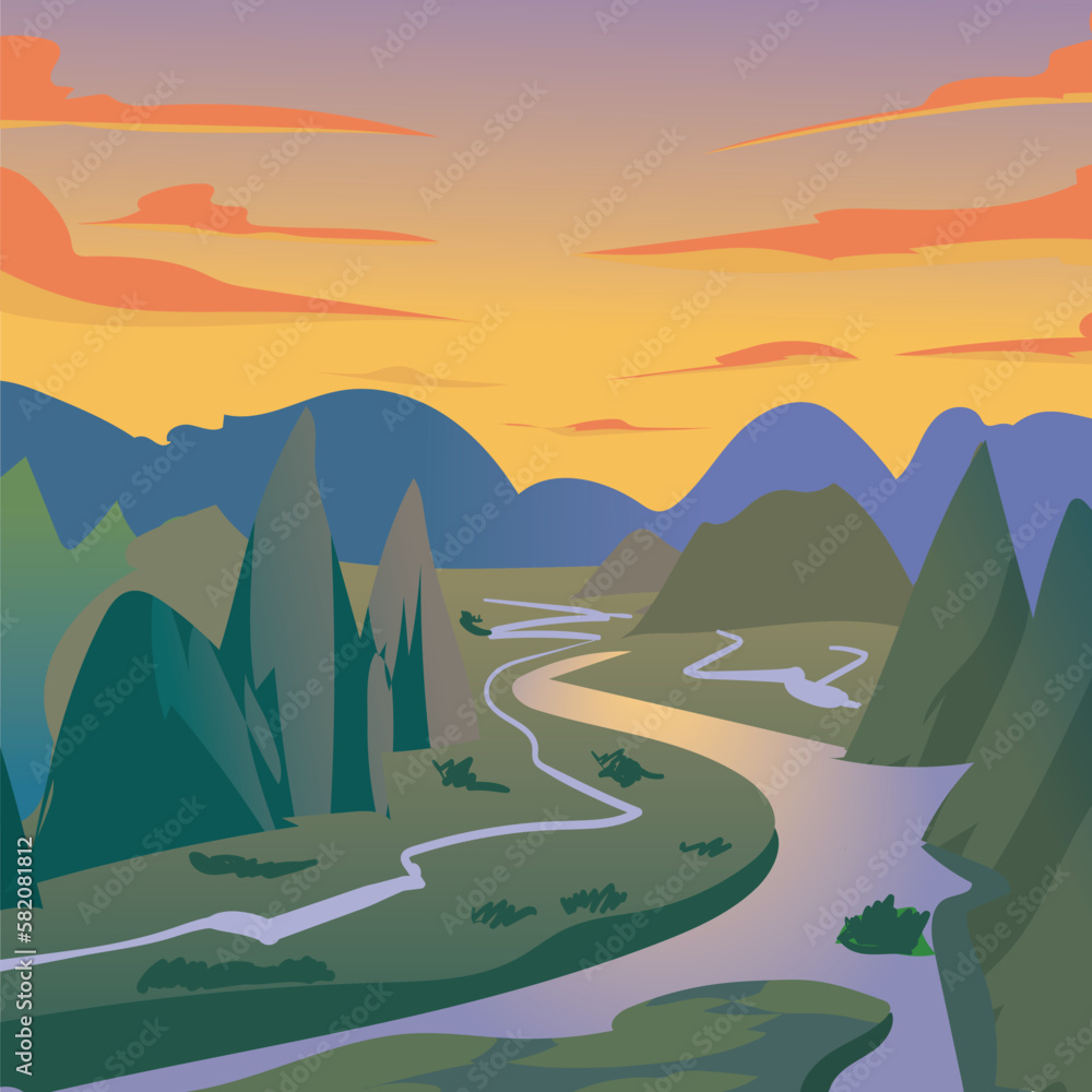 Cartoon Sunset Mountains