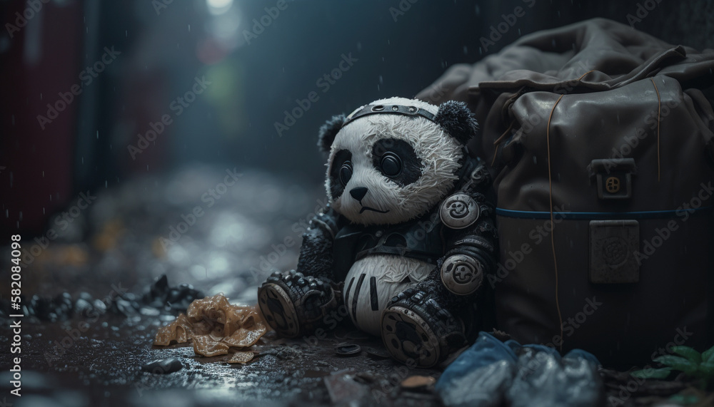 Panda sleeping in a black trash bag Among the piles of plastic waste ...