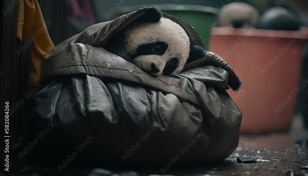 Panda sleeping in a black trash bag Among the piles of plastic waste ...