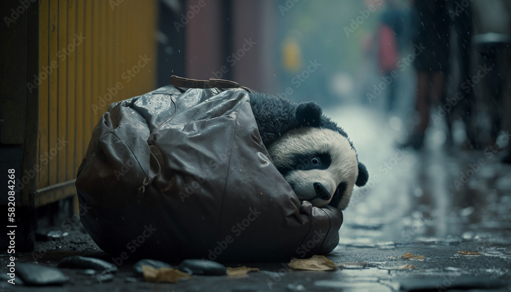 Panda sleeping in a black trash bag Among the piles of plastic waste ...