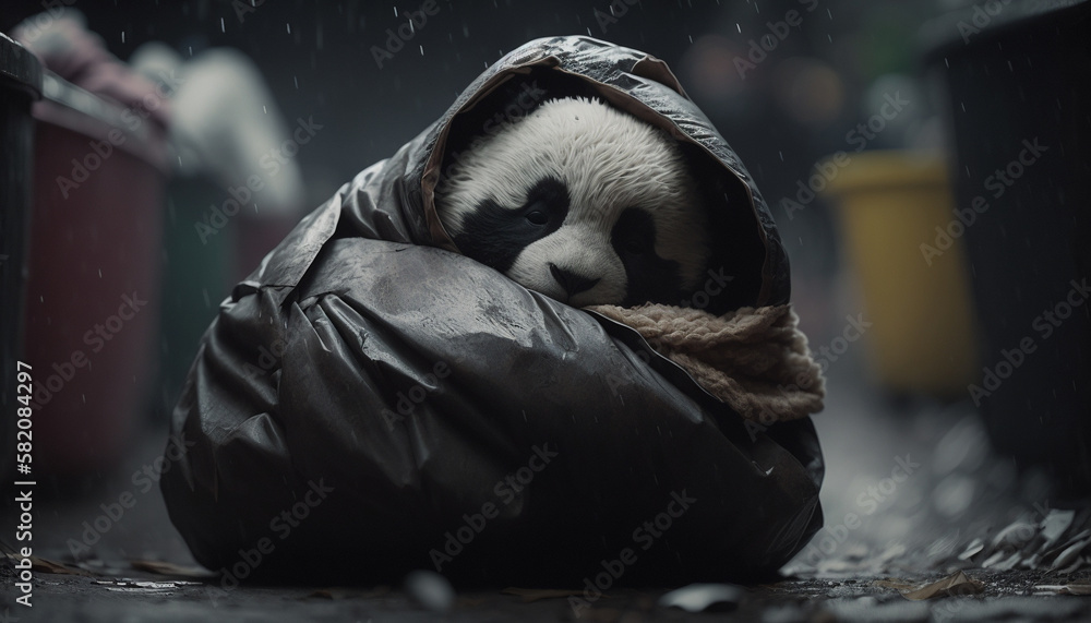 Panda sleeping in a black trash bag Among the piles of plastic waste ...