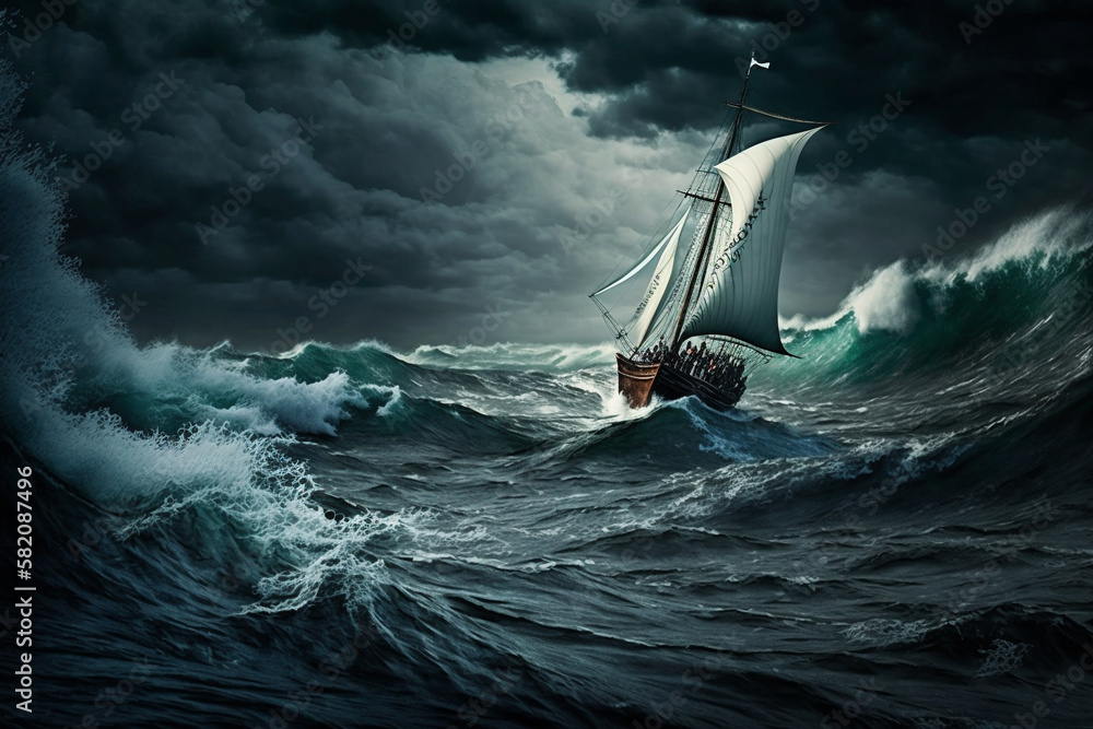 Sailing ship in a giant storm with crashing waves. Sailing Boat inside ...