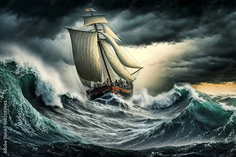 Sailing ship in a giant storm with crashing waves. Sailing Boat inside ...
