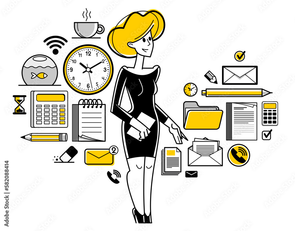 Office worker doing everyday job vector outline illustration, career in ...