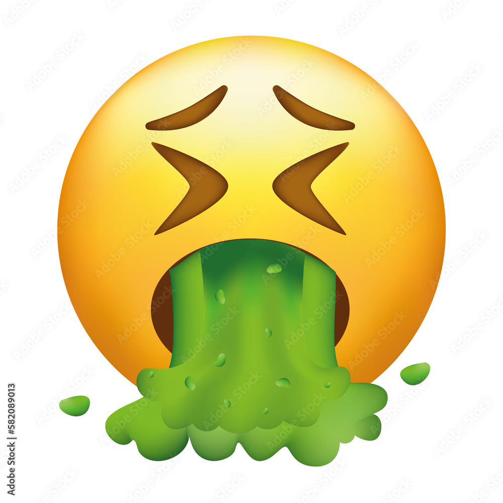 ภาพประกอบสต็อก Vomiting emoji. Emoticon throwing up, yellow face with X ...