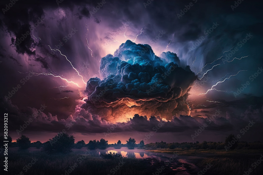 Dramatic Storm clouds with lightning strikes and dark atmosphere. Giant ...