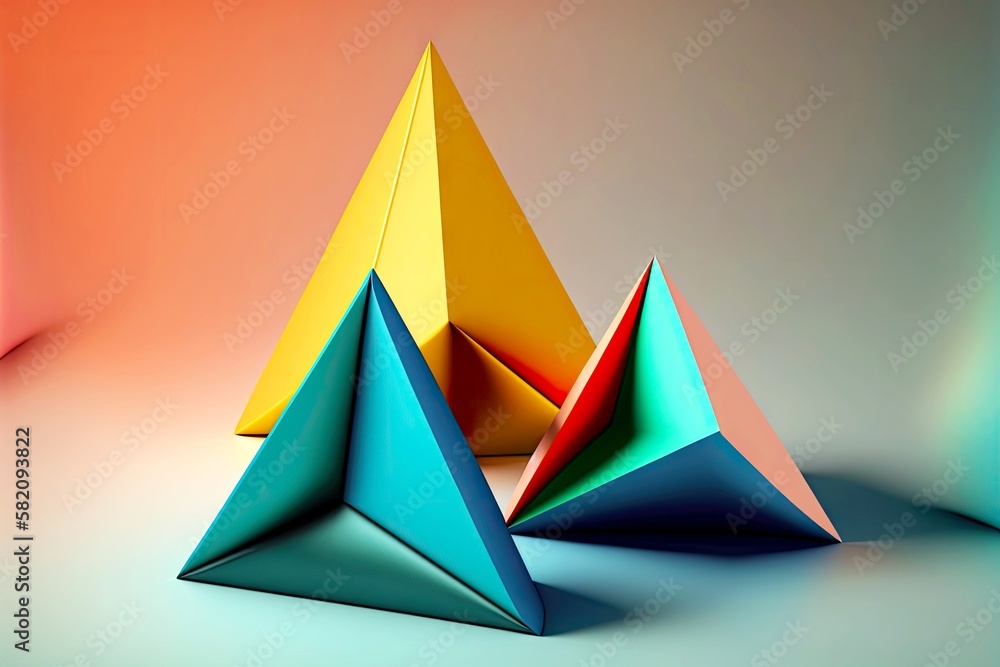 three-sided pyramids of different colors in motion on multi-colored ...
