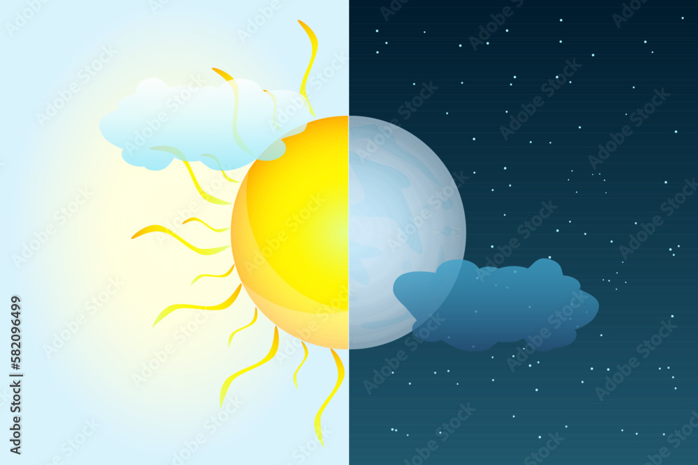 Half sun and half moon as vernal or autumnal equinox day. Day and night ...
