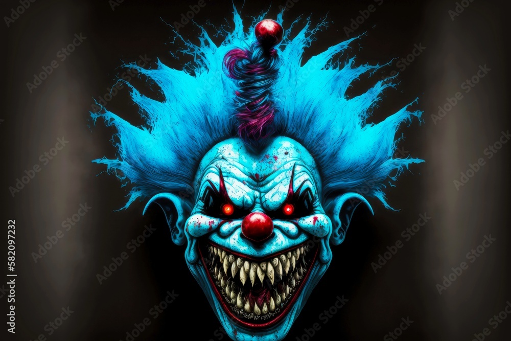 humor and horror toothy killer clown with blue hair, created with ...