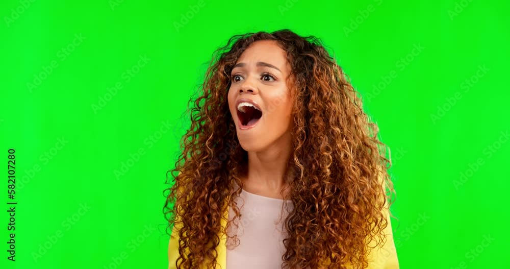 Green screen, frustrated and woman in studio with unexpected bad news ...