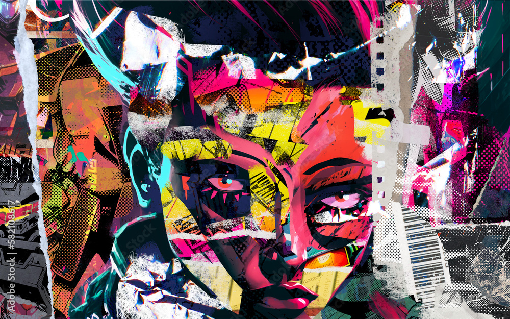 cubism with modern pattern and stick with a mix of street art ...