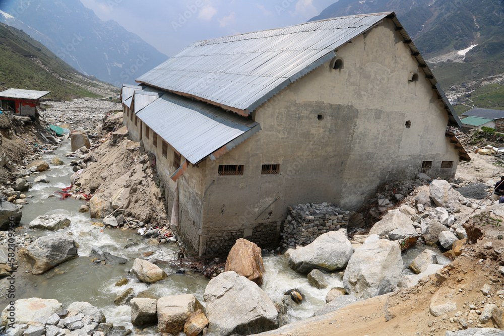 Damaged building, pathway, sheds in Kedarnath disaster India. Kedarnath ...