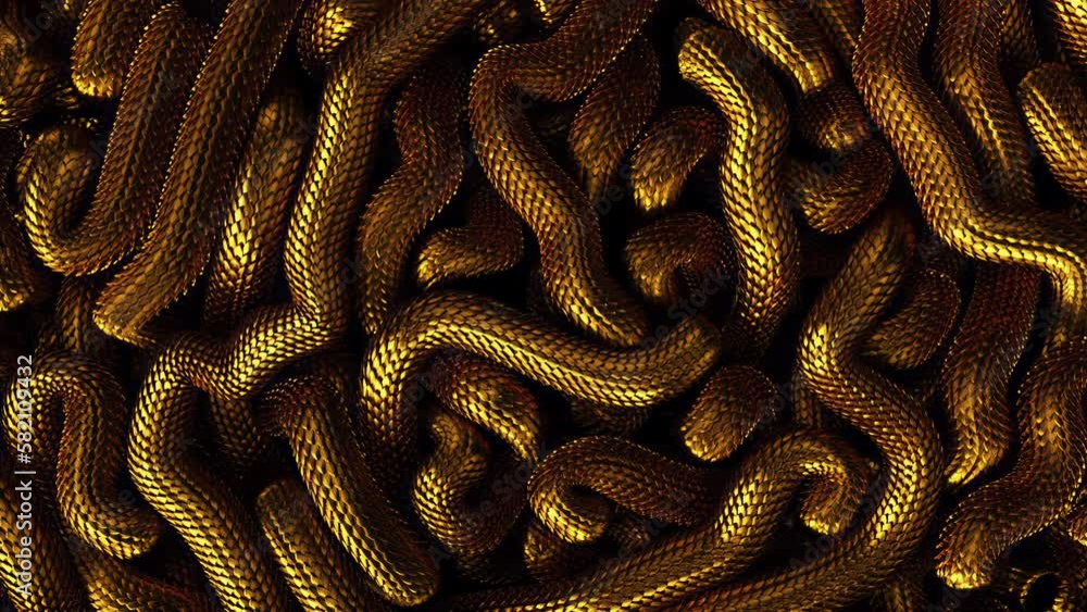 Metal texture dragon scales background. Lively coiled golden snakes. 3D ...