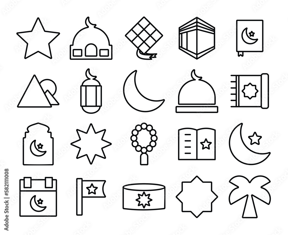 set of islamic icons line design white background, vector illustration ...