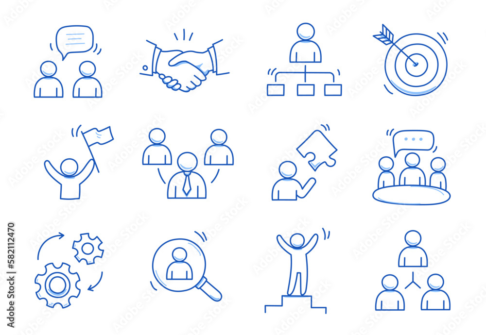 Doodle business team icon set. Doodle teamwork people community, office ...