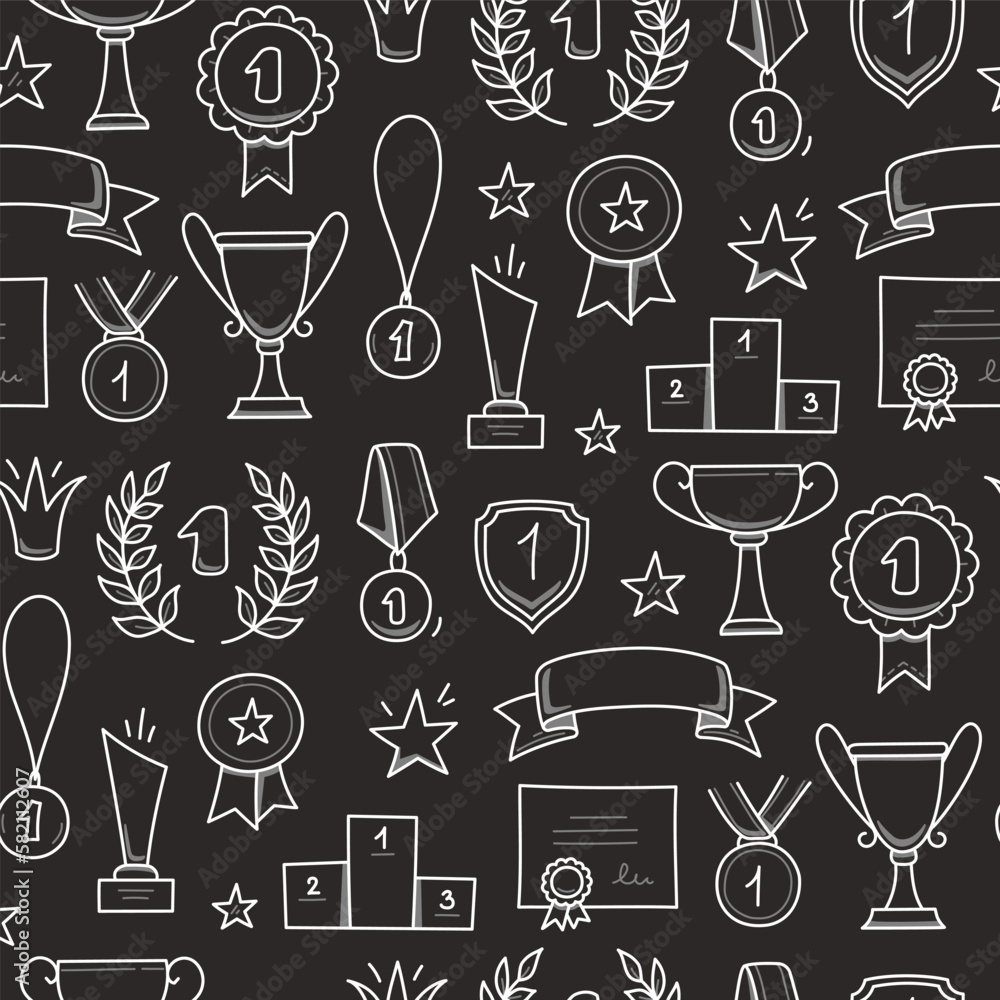 Award doodle hand drawn seamless pattern. Winner trophy cup, champion ...