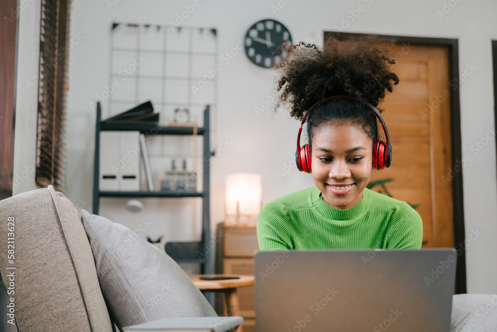 Using laptop pc, Pretty african american girl feeling fatigue lounge at ...