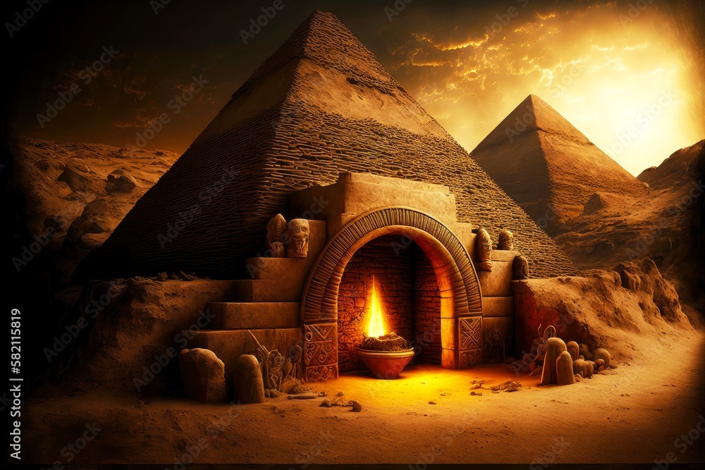 ancient crypt in tomb of egyptian pyramids with hearth on hill, created ...