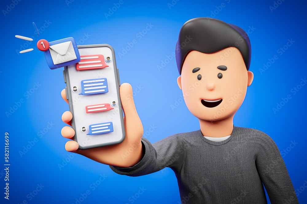 Cartoon guy holding phone with internet chat bubbles popping up ...