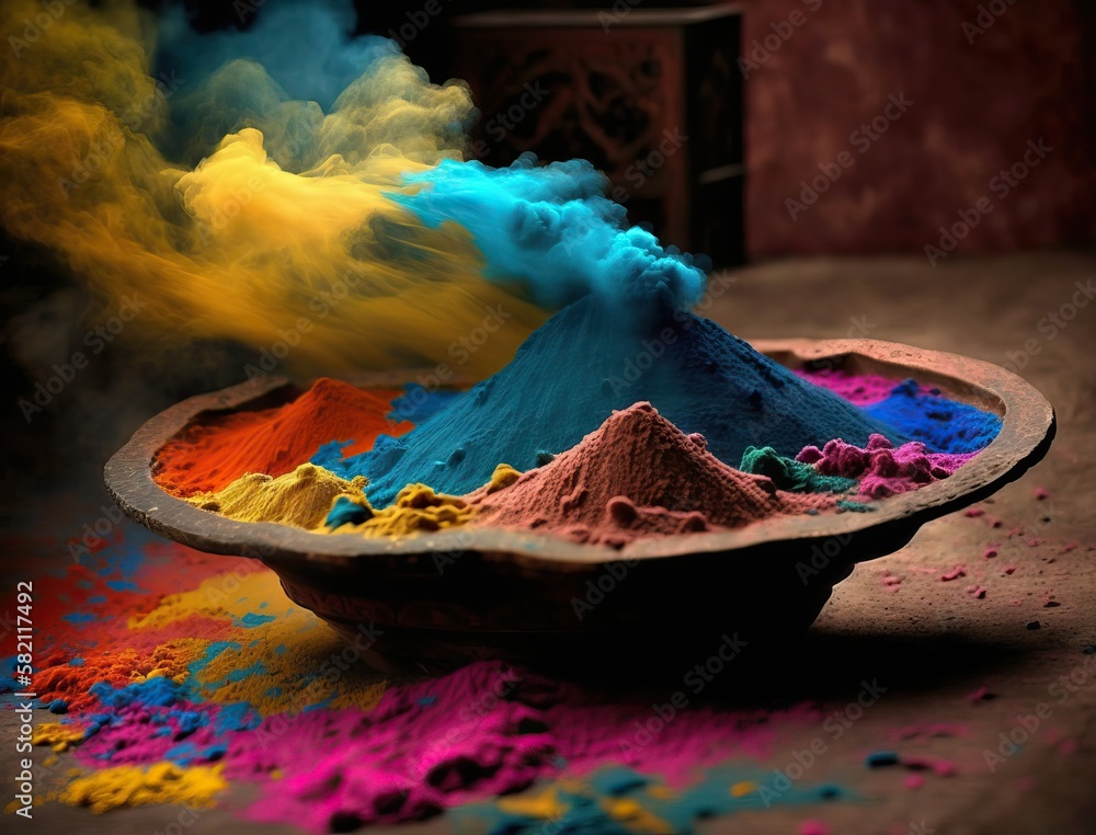 Holi festival of colors in India. Colorful stacks of powder dyes used ...