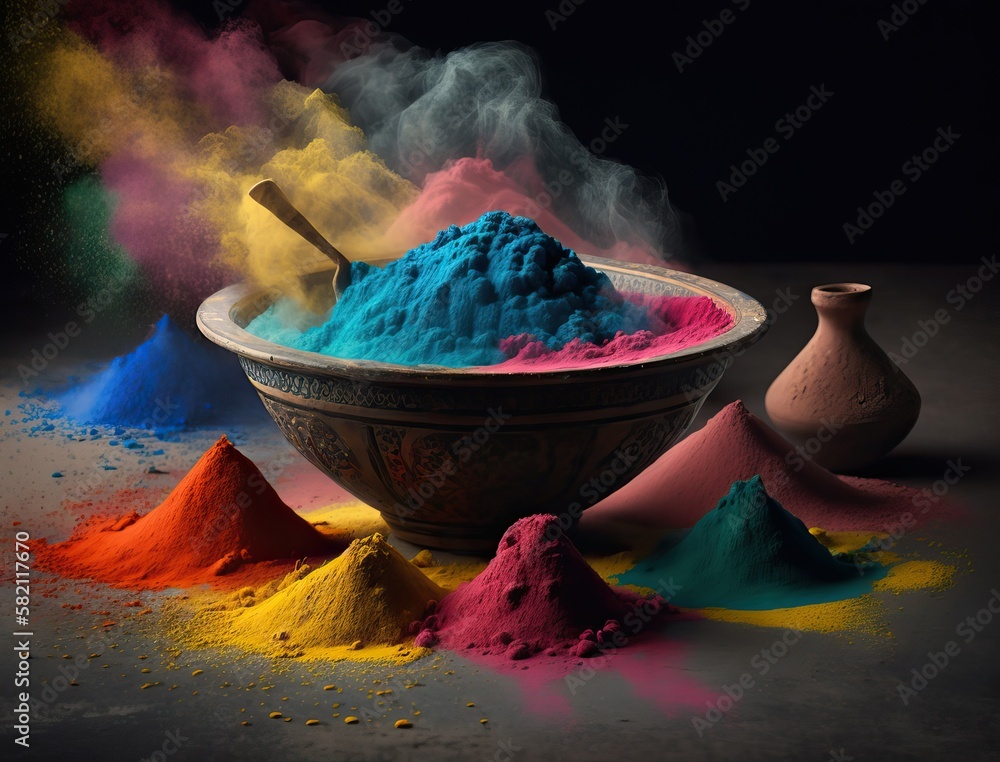 Holi festival of colors in India. Colorful stacks of powder dyes used ...