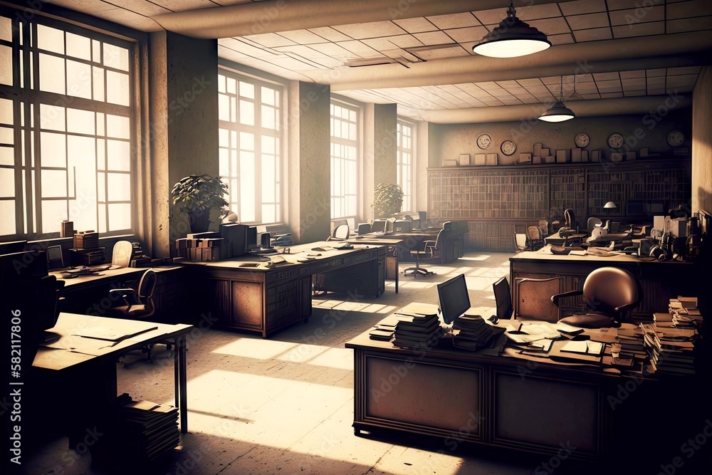 old-fashioned interior of empty workplace for several people in office ...