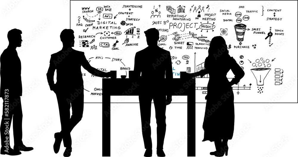 Vektorová grafika „Silhouetten: Team mit drei Männern und einer Frau ...