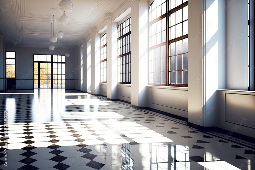 empty hall interior in upstairs office with tiled glossy tiles ...
