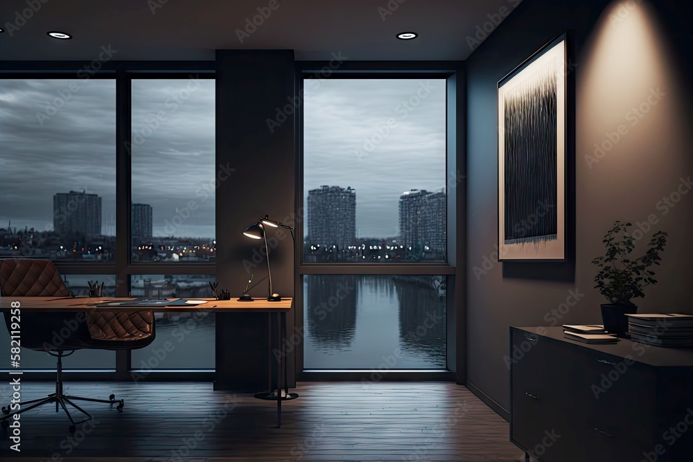 interior in empty office in dark colors with corner window and views of ...