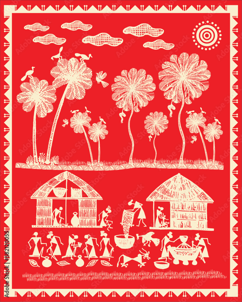 Warli painting showing coconut tree. Kokan rural life in this art ...