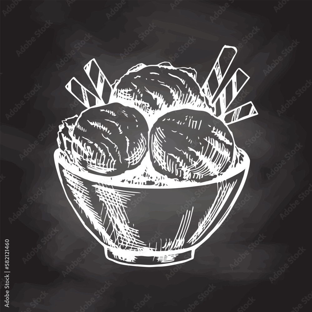 Hand-drawn sketch of an ice cream balls in a bowl isolated on ...