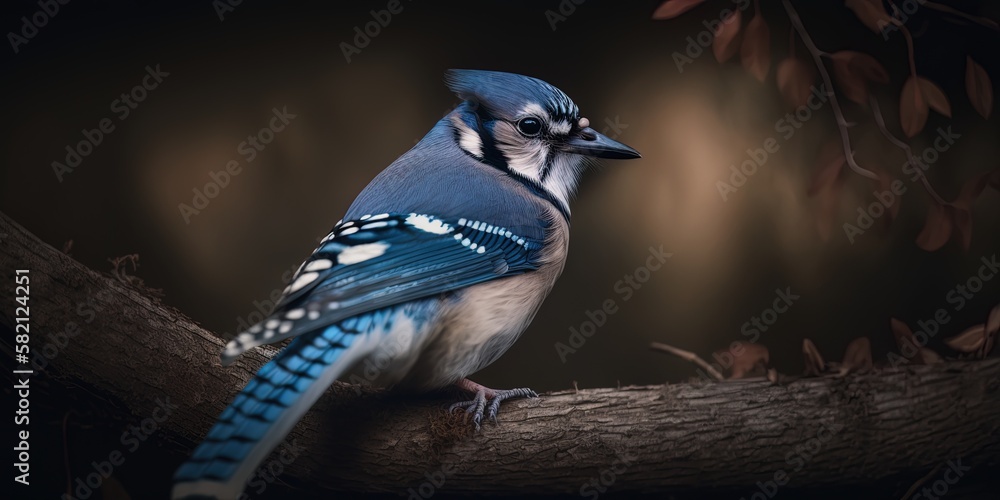 Blue jay on a thick tree limb, captured using a shallow depth of field ...