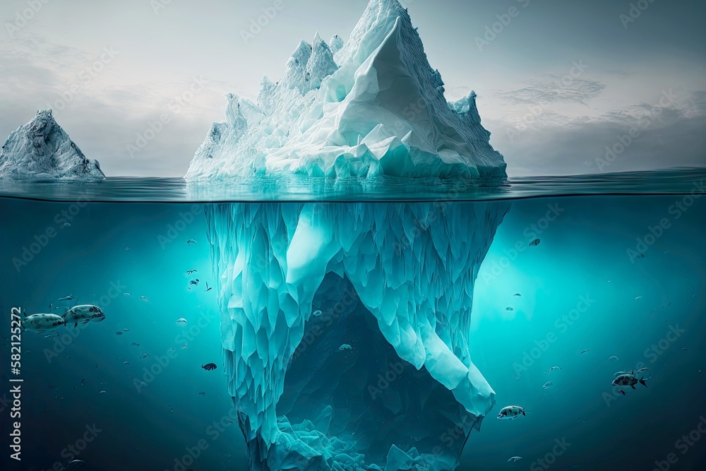 floating iceberg with sharp peaks, rock remnants and melting cavities ...