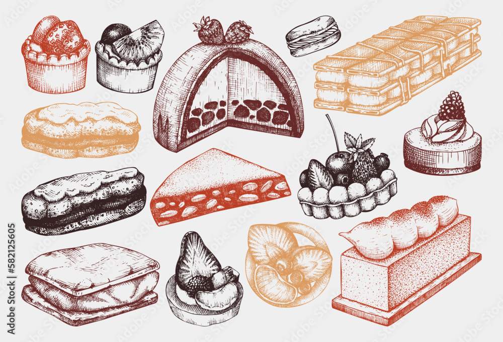 Hand drawn desserts illustrations set. Layer cakes, biscuits, eclairs ...