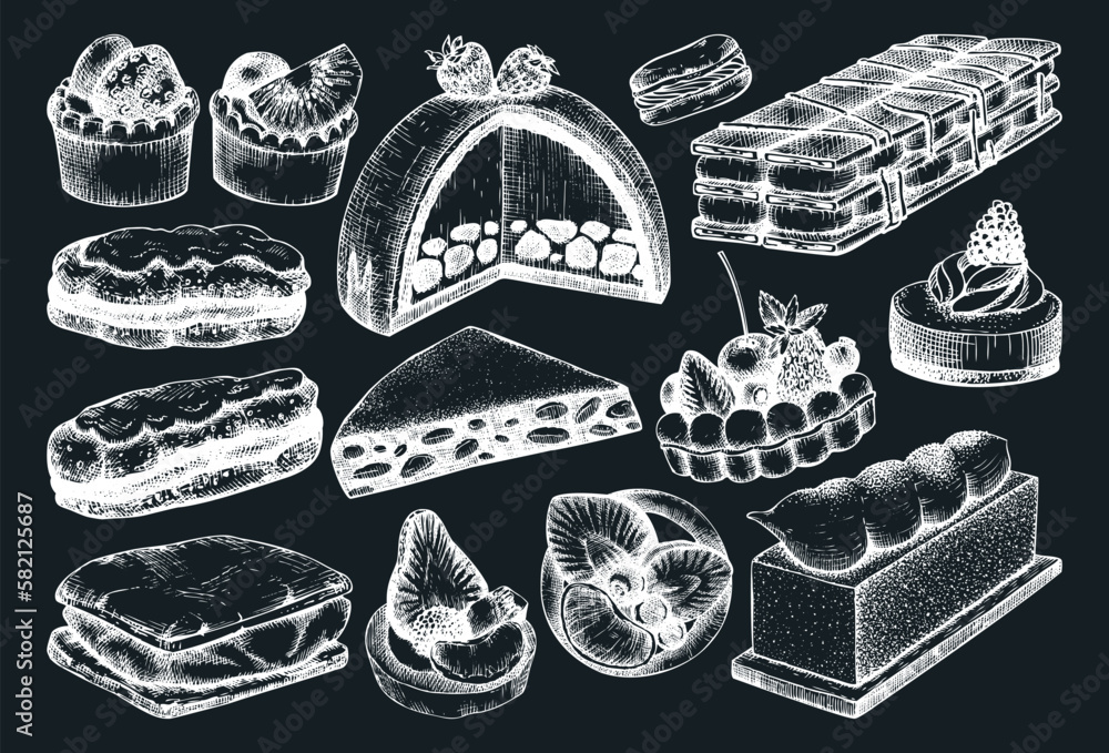 Hand drawn desserts illustrations set. Layer cakes, biscuits, eclairs ...