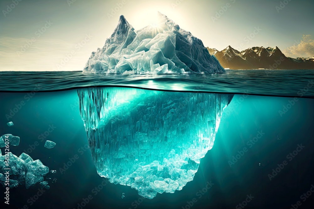 floating iceberg with sharp peaks and transparent blocks of ice under ...