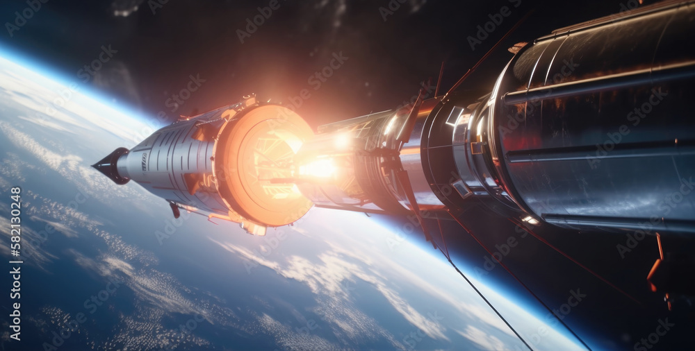 system in space, fire launching rocket, earth background, cinematic ...