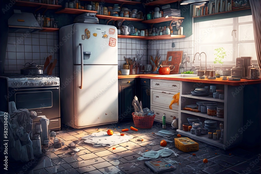 kitchen mess on floor of small dark kitchen with white fridge, gas ...